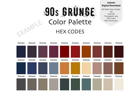 90s Grunge Procreate And Adobe Digital Color Palette Instant Download Hex Codes Procreate