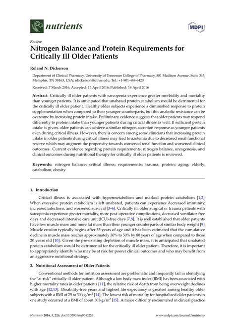 Pdf Nitrogen Balance And Protein Requirements For Critically Ill