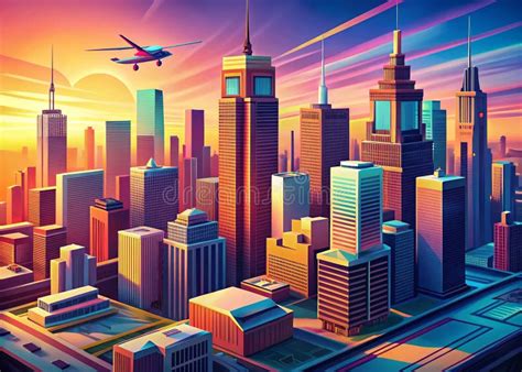 Modern American Cityscape Skyline A Linear Droneseye View Illustration Capturing Urban Vibrancy