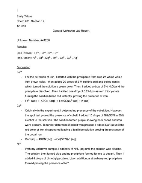 General Unknown Lab Report Emily Tafoya Chem 201 Section 12 412