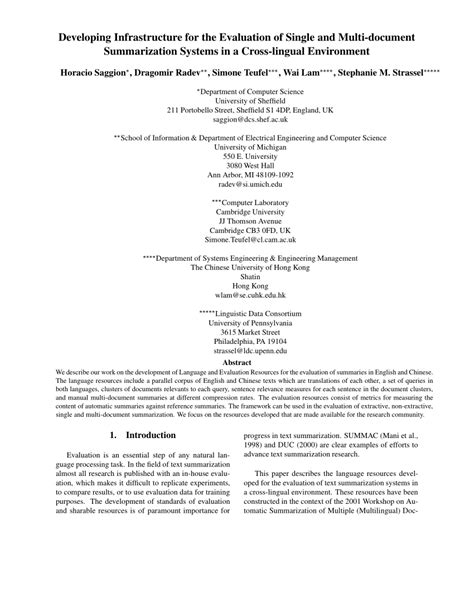 Pdf Developing Infrastructure For The Evaluation Of Single And Multi Document Summarization