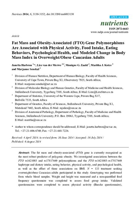 Pdf Fat Mass And Obesity Associated Fto Gene Polymorphisms Are Associated With Physical