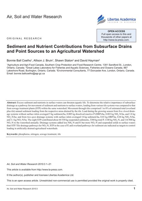 Pdf Sediment And Nutrient Contributions From Subsurface Drains And