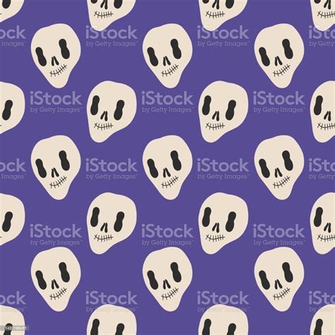 보라색 배경에 두개골이있는 매끄러운 패턴 할로윈을위한 벡터 일러스트레이션 만화 스타일 평면 디자인 포장 종이 엽서 직물 등을