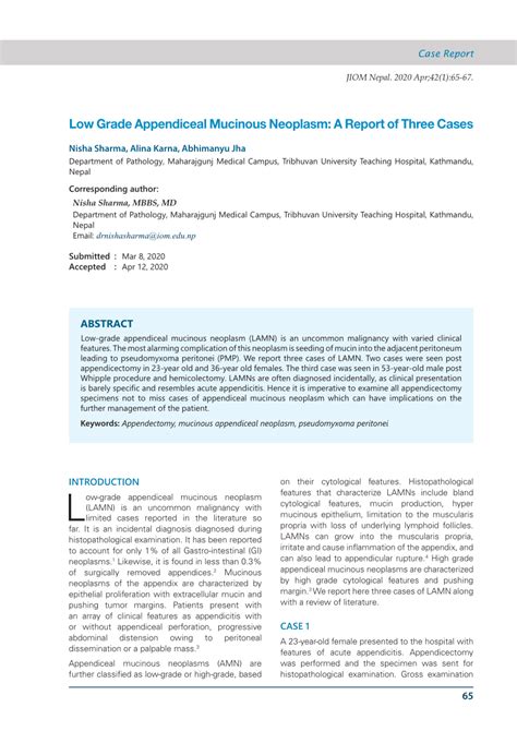 Pdf Low Grade Appendiceal Mucinous Neoplasm A Report Of Three Cases