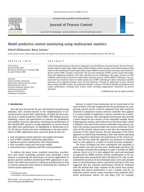 pdf model predictive control monitoring using multivariate statistics