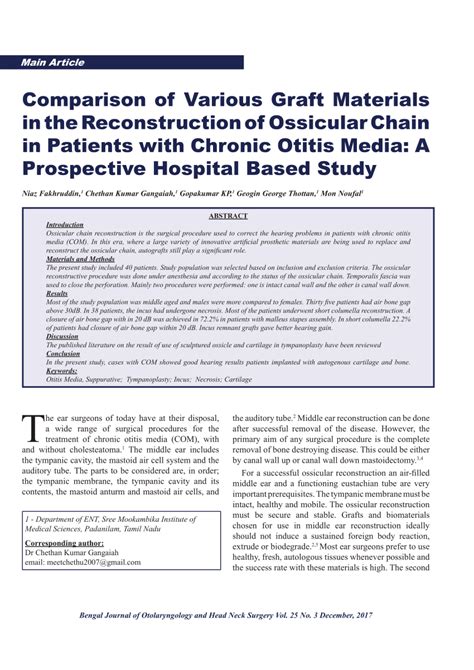 Pdf Comparison Of Various Graft Materials In The Reconstruction Of Ossicular Chain In Patients