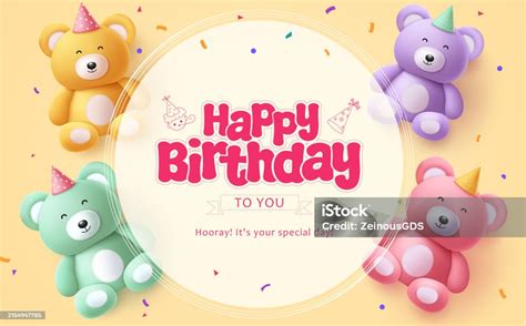 생일 축하 인사말 벡터 템플릿 디자인입니다 생일 인사말 텍스트 원형 공간에 타이포그래피 귀여운 사랑스러운 테디 베어 개체 그룹에 대한 스톡 벡터 아트 및 기타 이미지