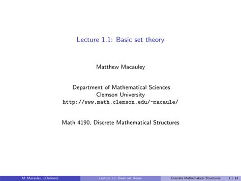 [ppt] Lecture 1 1 Basic Set Theory Matthew Macauley Department Of