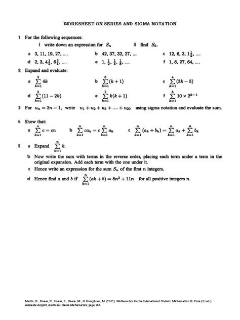 Series And Sigma Notation Worksheet Pdf