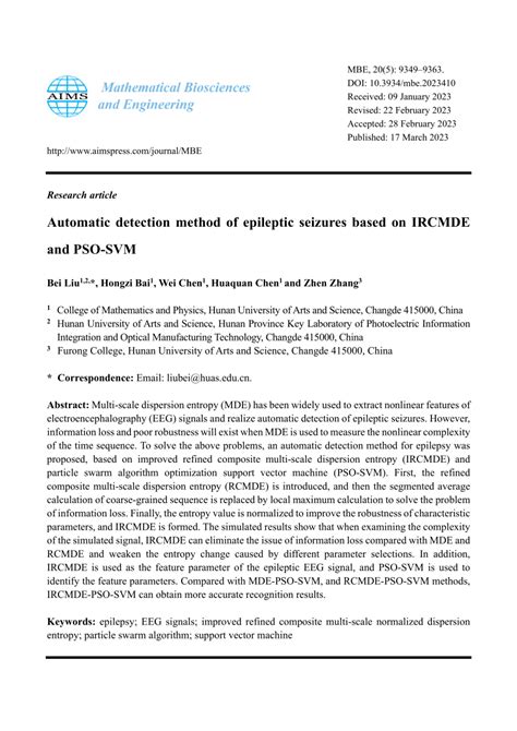 Pdf Automatic Detection Method Of Epileptic Seizures Based On Ircmde And Pso Svm