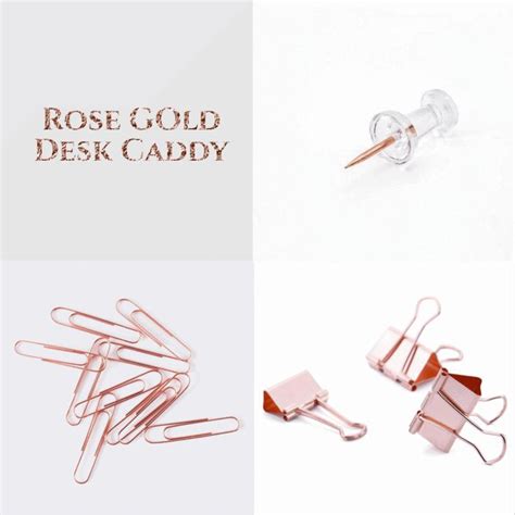 Rose Gold Desk Caddies Push Pins Binder Clips And Paper Clips Gold