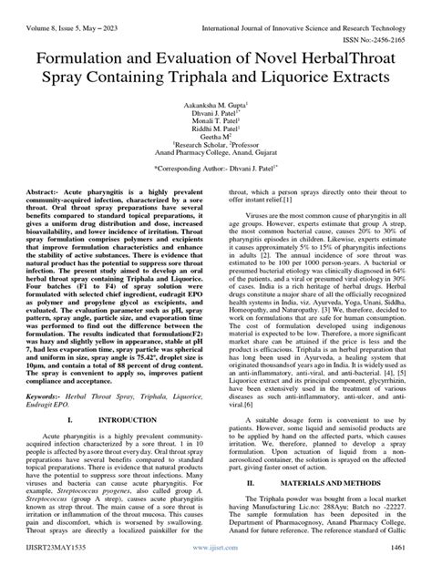 Formulation And Evaluation Of Novel Herbalthroat Spray Containing