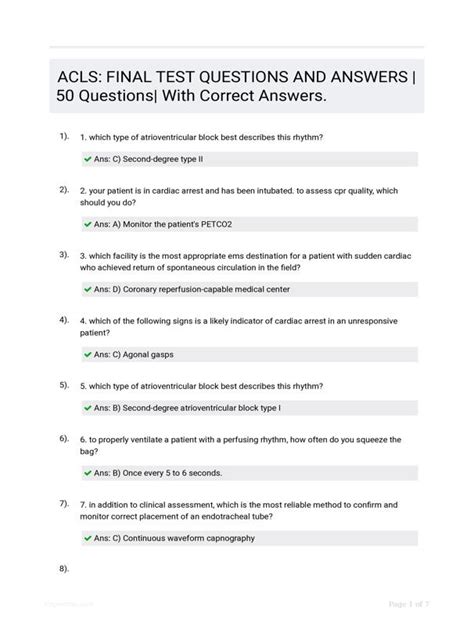 ACLS FINAL TEST QUESTIONS AND ANSWERS Questions With Correct Answers