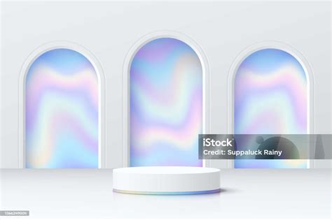 아치 모양 창에 현실적인 흰색 실린더 받침대 연단과 파란색 홀로그램추상 3d 룸 제품 디스플레이 프레젠테이션을 위한 최소한의