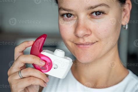Close Up Of Woman Holding Medicine Dry Powder Inhaler For Treatment Asthma Or Copd Diseases