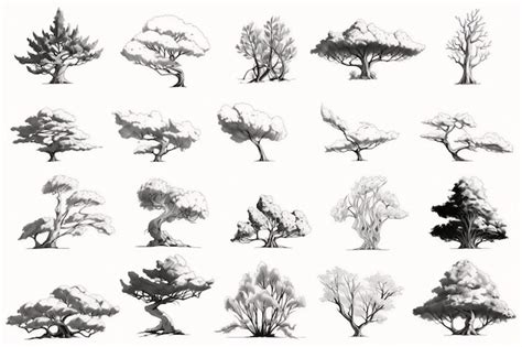 Premium AI Image Collection Minimal Style Tree Line Drawing Side View Set Of Graphics Trees