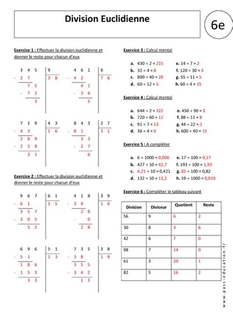 Division Euclidienne 6ème Exercices Corrigés Divisions Pass Education