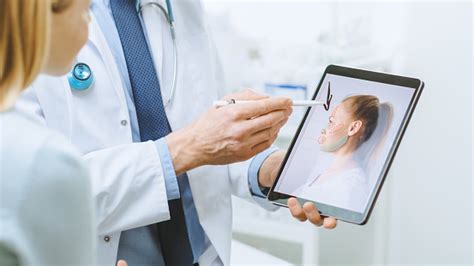 플라스틱 성형 외과 상담 얼굴 리프트 수술에 대 한 여자 그 유형의 성형 이 마를 보여주는 디지털 태블릿 컴퓨터 화면에서 포인트 리프트 절차 사용할 수 있는 수정 코