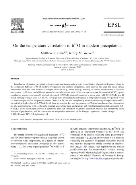 Pdf On The Temperature Correlation Of 18o In Modern Precipitation