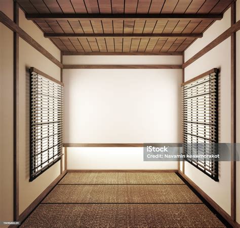 인테리어 디자인 다다미와 전통 일본 문을 갖춘 현대적인 거실 최고의 창 전망 3d 렌더링 0명에 대한 스톡 사진 및 기타 이미지