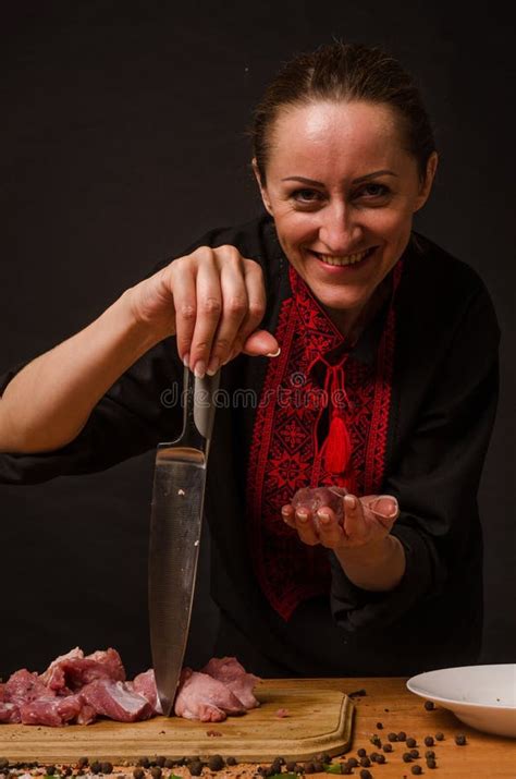 Woman Holding Big Steak Her Fork Licking Lips Stock Photos Free Royalty Free Stock Photos