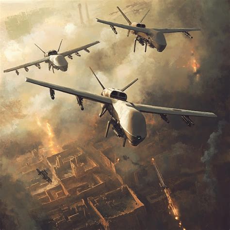 Aerial Drones Conducting Reconnaissance Over Enemy Territory Premium
