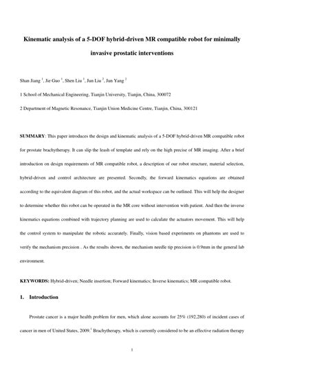 Pdf Kinematic Analysis Of A 5 Dof Hybrid Driven Mr Compatible Robot