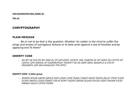 Math 10 Cryptography Solutions To Encryption San Buenaventura Jaime M Tm 1a Chryptography