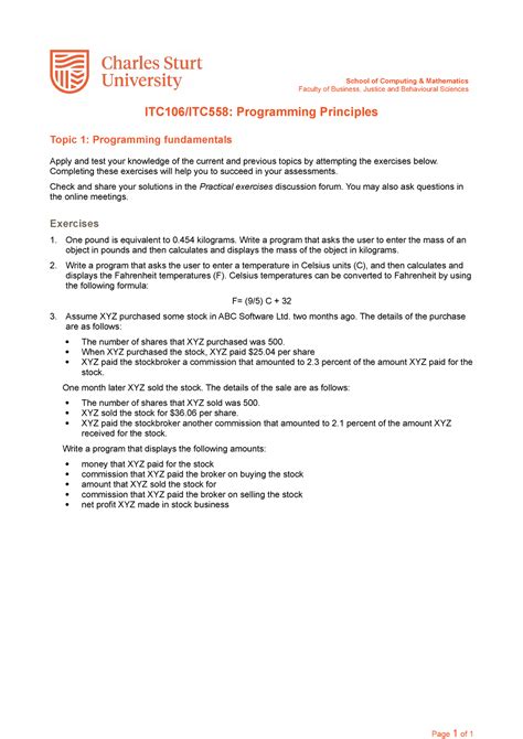 Topic 01 Practical Exercises V2 Itc106itc558 Programming Principles