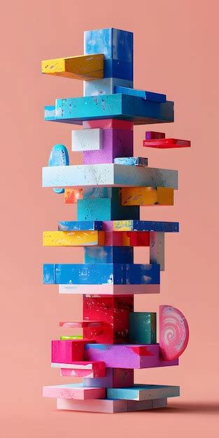 Abstract 3d Colorful Geometric Shapes Stacked Tower Premium Ai Generated Image
