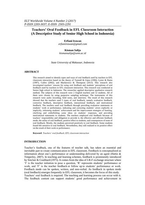 Pdf Teachers Oral Feedback In Efl Classroom Interaction A Dokumen Tips