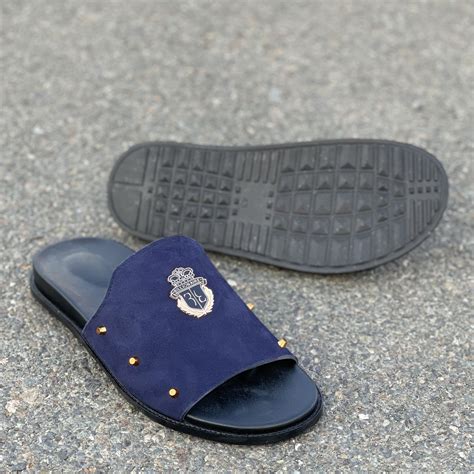 Premium Blue Handmade Leather Slippers Mens Footwear Degora