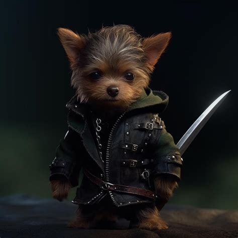 Un Pequeño Perro Con Un Cuchillo En La Mano Foto Premium