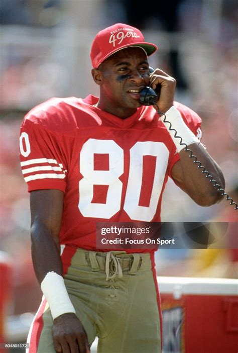 Jerry Rice Of The San Francisco 49ers On The Sidelines Talking With