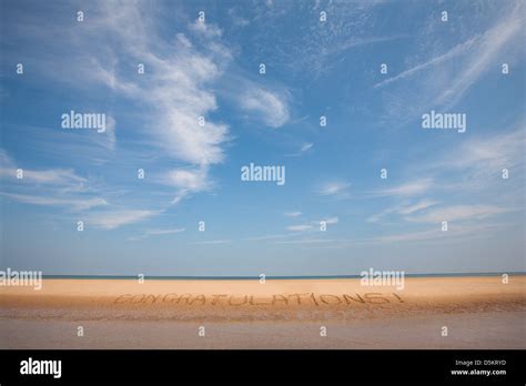 Congratulations Message Written Sand Background Sky Sand Beach