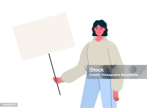 시위 행위에 빈 배너 또는 현수막을 들고 있는 여성 여성 시위자 또는 활동가 현수막 시위자 정치 혁명의 일러스트가 보여줍니다 플랫 만화 벡터 일러스트레이션 여자에 대한 스톡