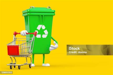 쇼핑 카트 트롤리와 재활용 기호 녹색 쓰레기 쓰레기 쓰레기통 캐릭터 마스코트 3d 렌더링 개념에 대한 스톡 사진 및 기타 이미지