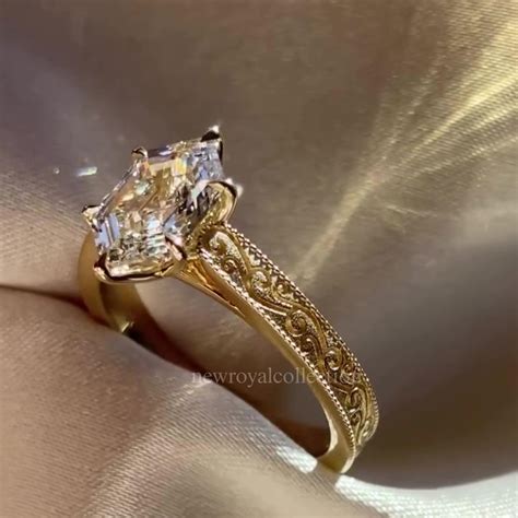 2 Ct Dutch Marquise Hexagon Engagement Ring Engraved Yellow Gold