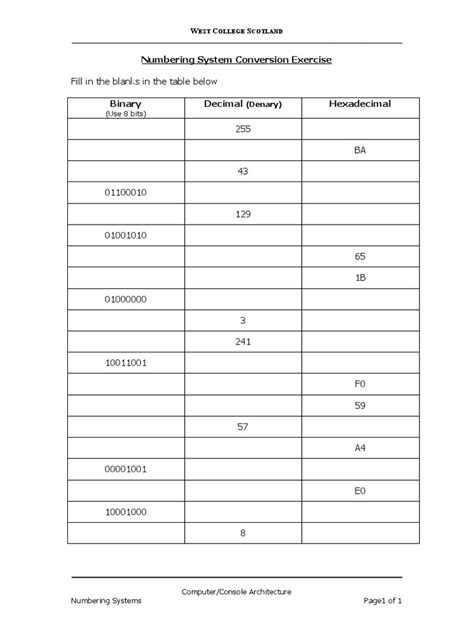 numbering system conversion exercise pdf
