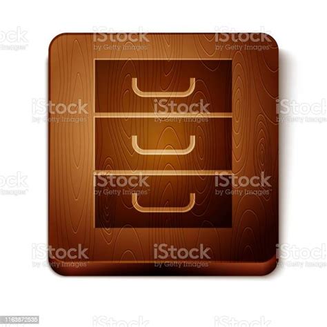 흰색 배경에 격리 된 문서 아이콘이있는 갈색 서랍 아카이브 용지 서랍 파일 캐비닛 서랍 사무용 가구 나무 사각형 버튼입니다 벡터 일러스트레이션 0명에 대한 스톡 벡터 아트