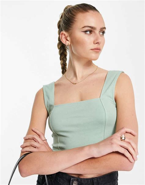 Asos Design Crop Cami With Square Neck And Seam Detail In Sage Green