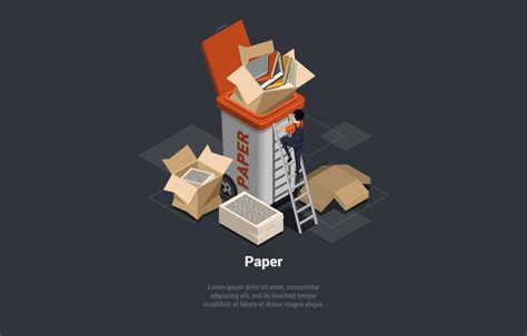 제로 폐기물 재사용 친환경 분리 및 재활용 쓰레기 프로세스 캐릭터 수집 및 컨테이너 골판지 쓰레기 재활용 아이소메트릭 3d 벡터