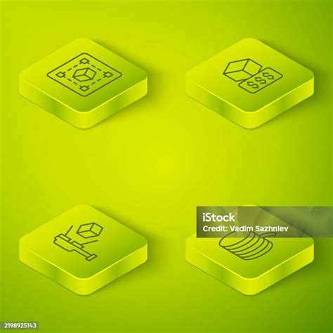 아이소메트릭 라인 3d 프린터 서비스 큐브가 있는 스캐너 필라멘트 및 기하학적 그림 큐브 아이콘을 설정합니다 벡터 3차원 형태에 대한 스톡 벡터 아트 및 기타 이미지