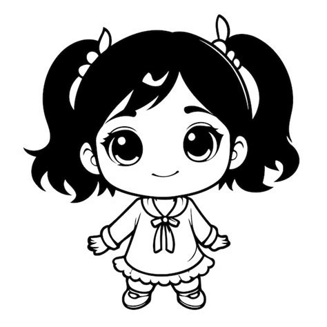 귀여운 치비 흑백 일러스트레이션 두들 스타일 프리미엄 벡터