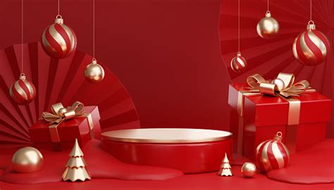 크리스마스 산타 클로스와 크리스마스 트리 선물 상자 리본 제품 향수 프로모션 판매 프리젠 테이션 배경색에 화장품에서 3d 렌더링 실린더 연단 크리스마스에 대한 스톡 벡터