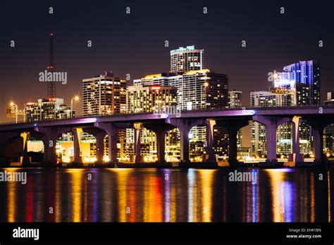 The Miami Skyline At Night Seen From Watson Island Miami Florida