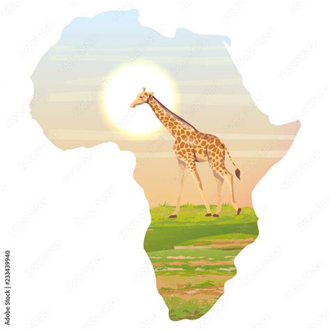 Giraffe In The African Savannah Realistic Vector Landscapes In The