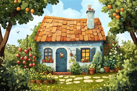 A Blue Cottage With Orange Trees Red Fruit And A Stone Path Stock