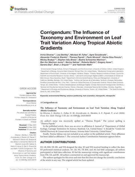 Pdf Corrigendum The Influence Of Taxonomy And Environment On Leaf Trait Variation Along